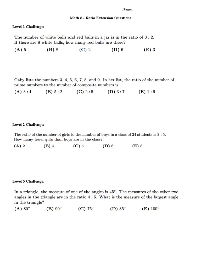 Math 6 - Ratio Extension Questions Level 1 Challenge:: Name | PDF ...
