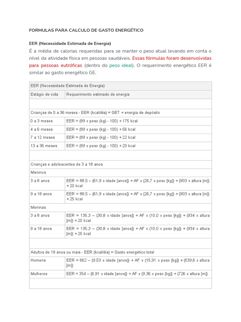 Formulas para Calculo de Gasto Energético | Download grátis PDF ...