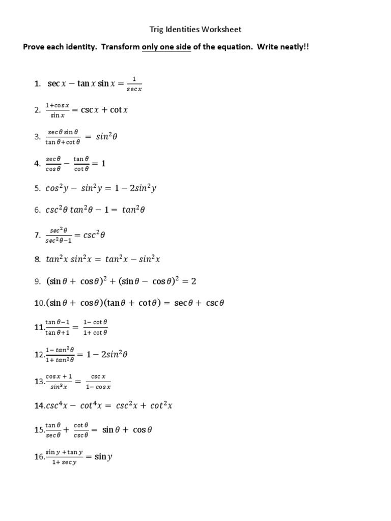 Trig Identities Worksheet | PDF