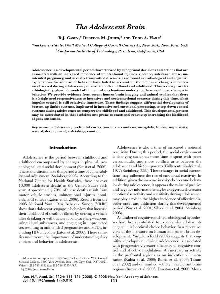 The Adolescent Brain: B.J. C, R M. J, T A. H | PDF | Prefrontal Cortex ...