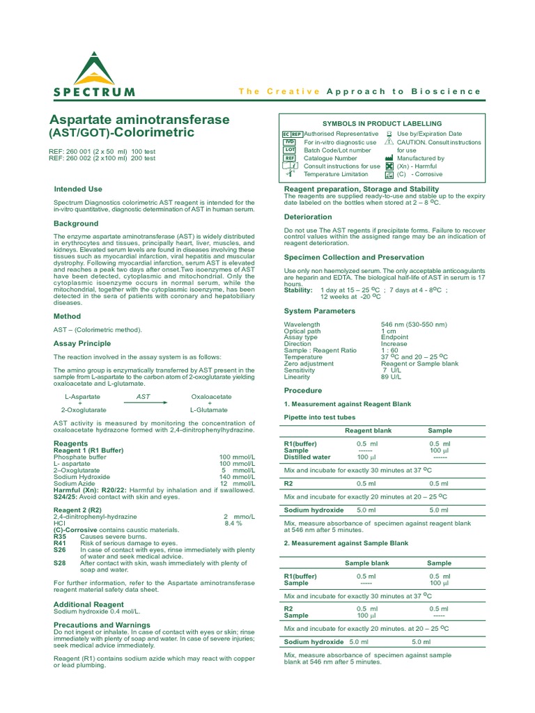 Aspartate Aminotransferase (AST-GOT) - Colorimetric | PDF | Assay ...