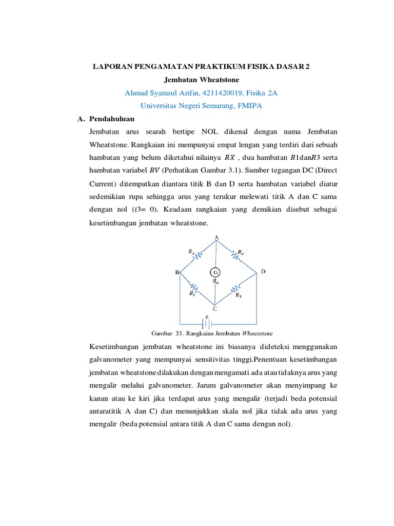 Laporan Pengamatan Praktikum Jembatan Wheatstone - 4211420019 | PDF