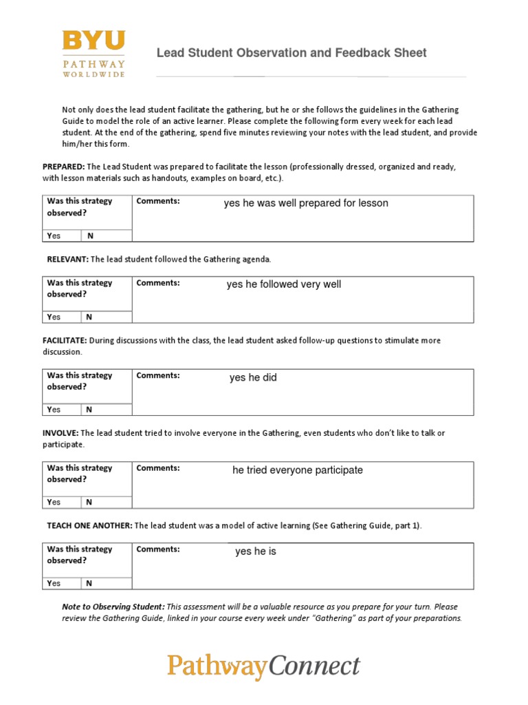 Lead Student Observation Feedback Form | PDF | Career & Growth | Self ...