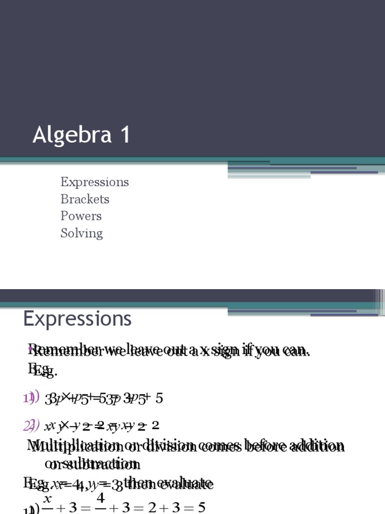 Algebra 1: Expressions Brackets Powers Solving | PDF | Multiplication ...
