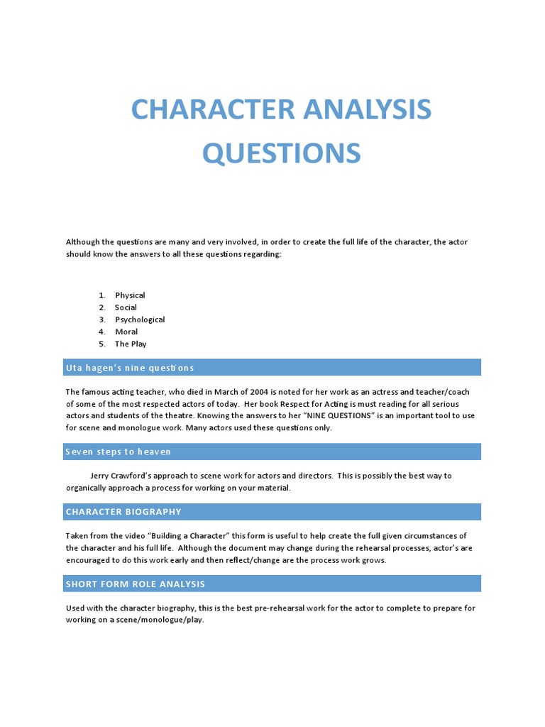 Character Analysis Questions | PDF | Actor | Attitude (Psychology)