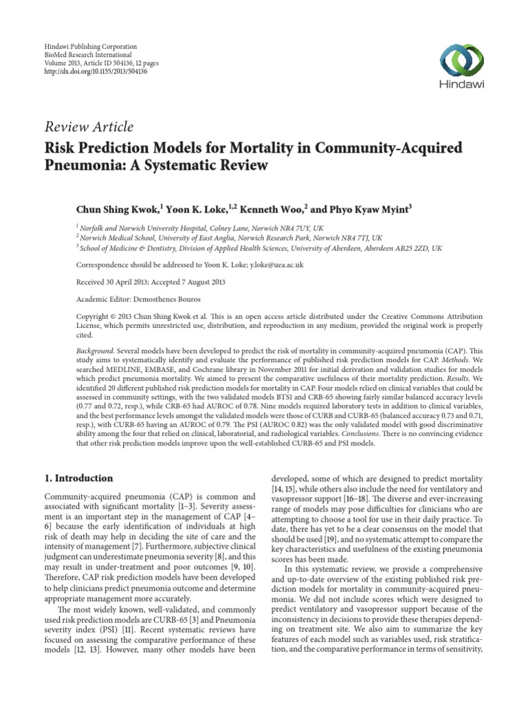 Risk Prediction Models For Mortality in Community-Acquired | PDF ...