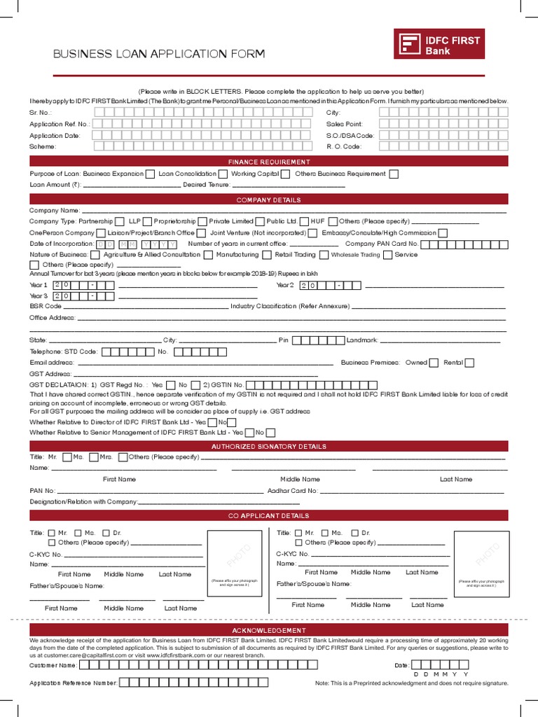 Business Loan Application Form IDFC Bank | PDF | Banks | Mobile Phones