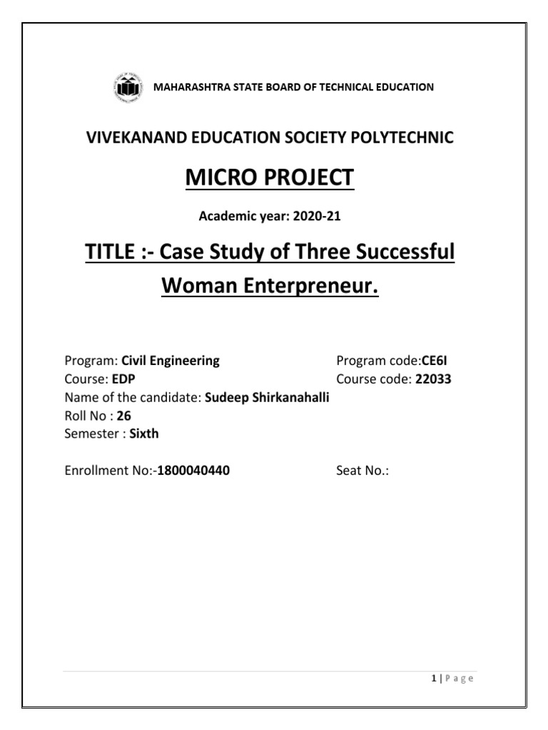 Micro Project: TITLE:-Case Study of Three Successful Woman Enterpreneur ...