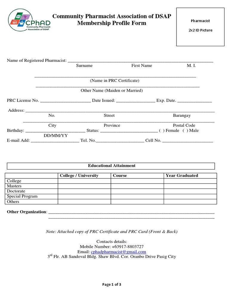 Community Pharmacist Association of DSAP Membership Profile Form | PDF ...