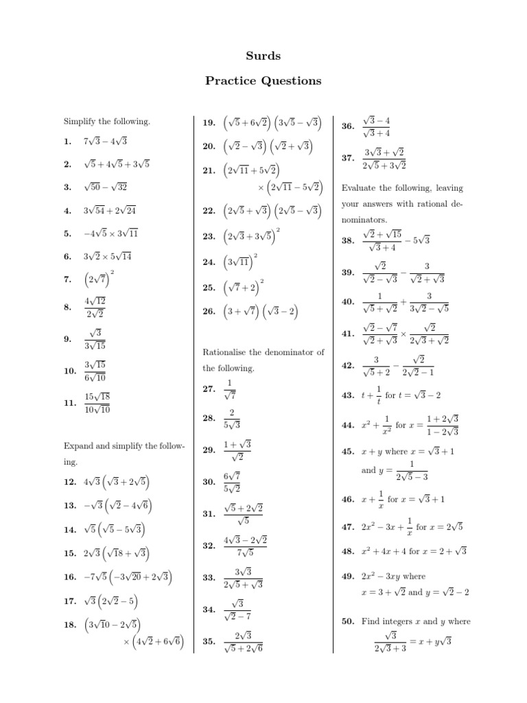 Surds Questions | PDF | Elementary Mathematics | Teaching Mathematics