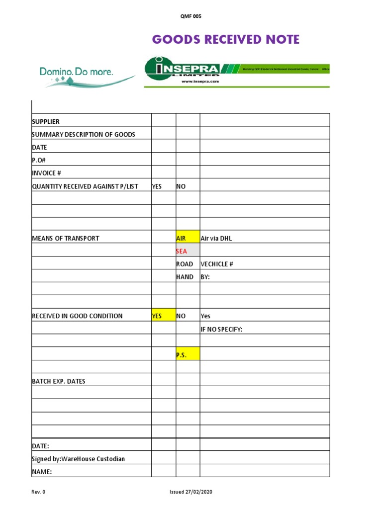 Goods received note template QMF 005 | PDF