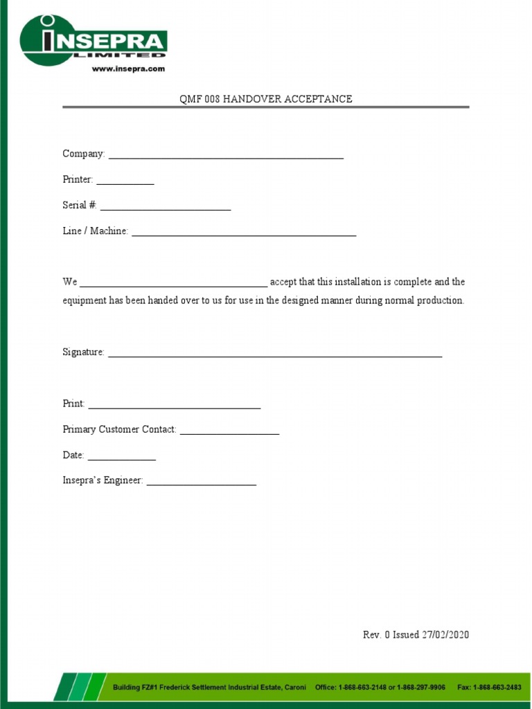 QMF 008 Handover Acceptance | PDF