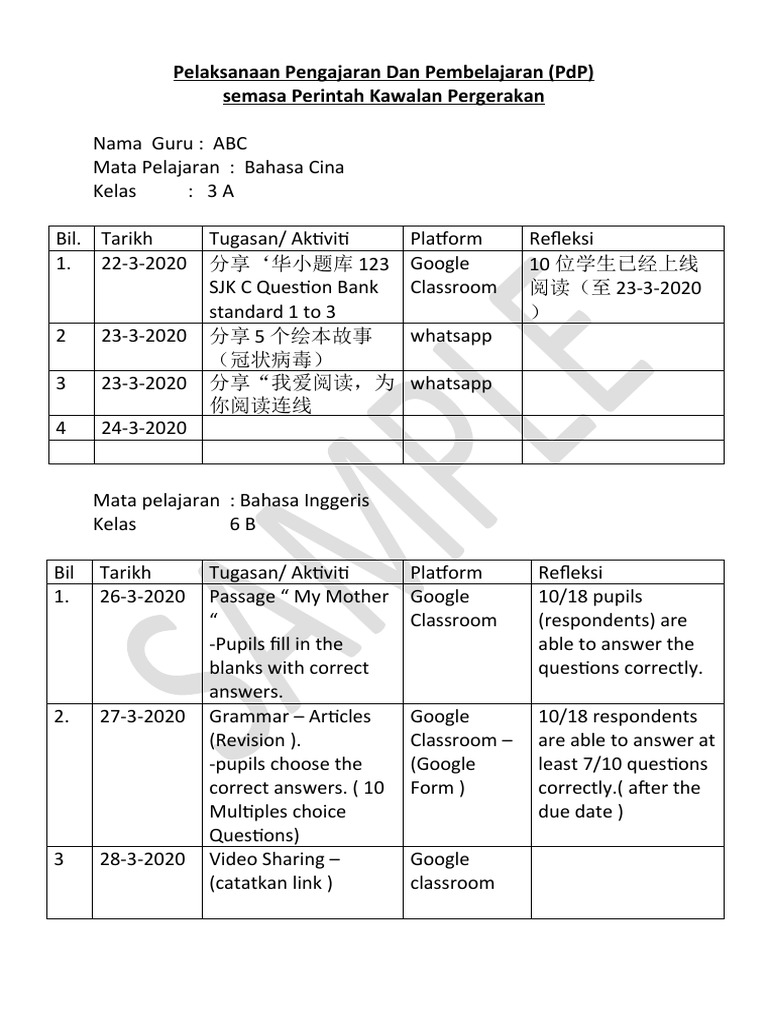 Contoh Pelaksanaan Pengajaran Dan Pembelajaran (PDP) | PDF