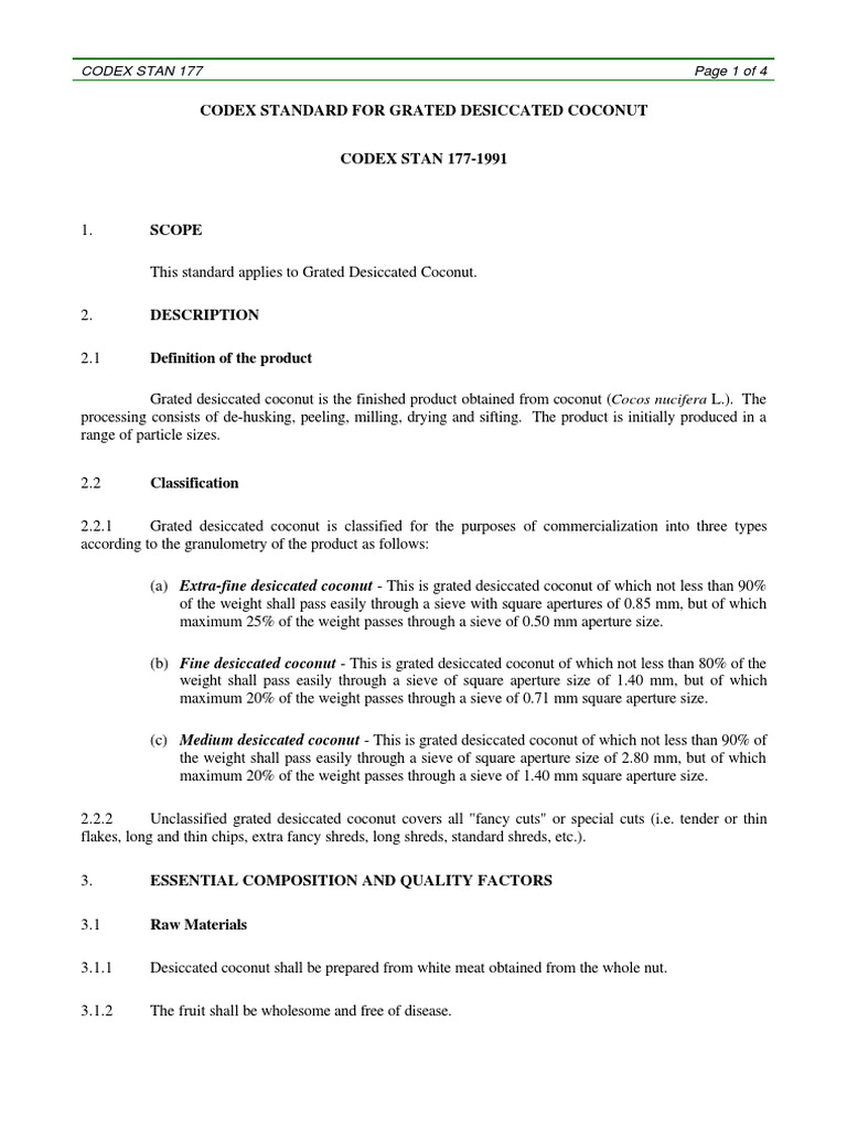 Codex Standard For Grated Desiccated Coconut: Codex Stan 177 Page 1 of ...