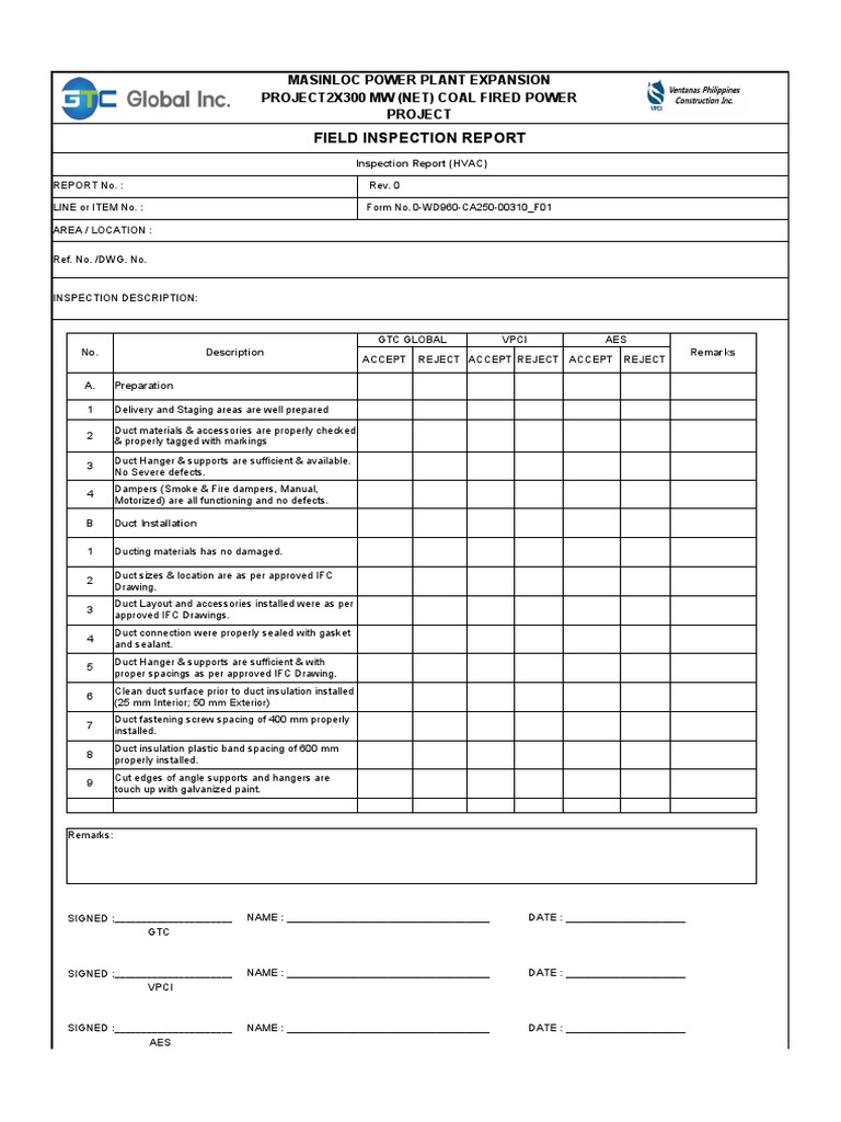 Inspection Checklist For Hvac (DUCT Installation) F01 & F02 | PDF ...