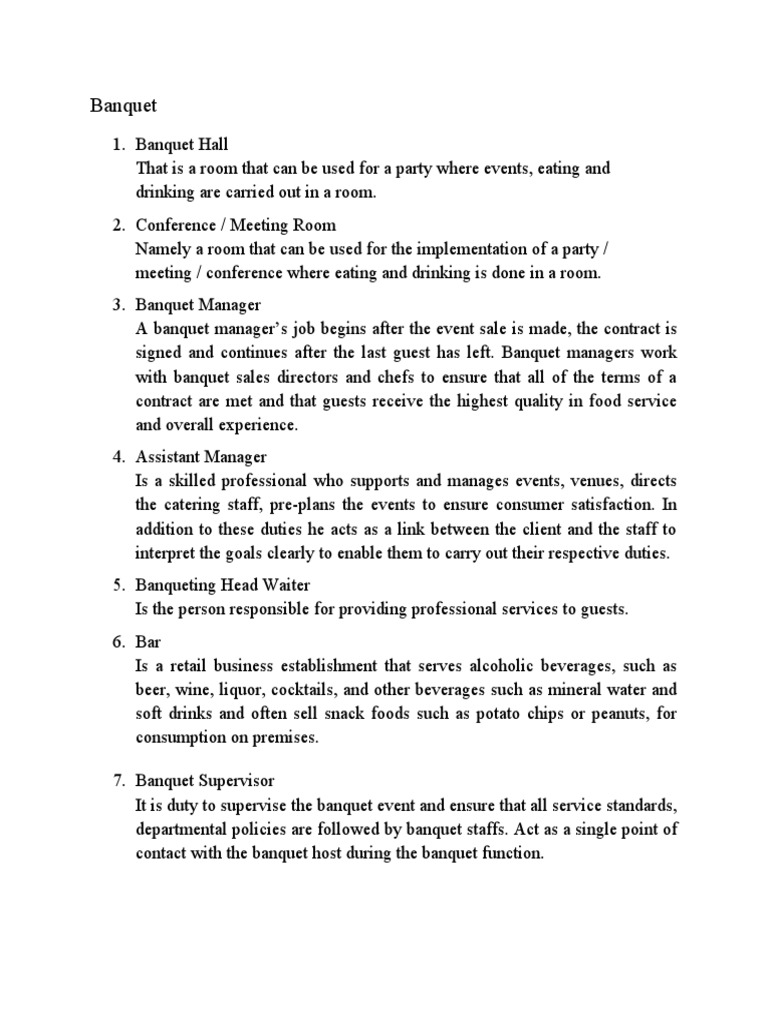 A Comprehensive Guide to Banquet Hall Operations and Staff Roles | PDF ...