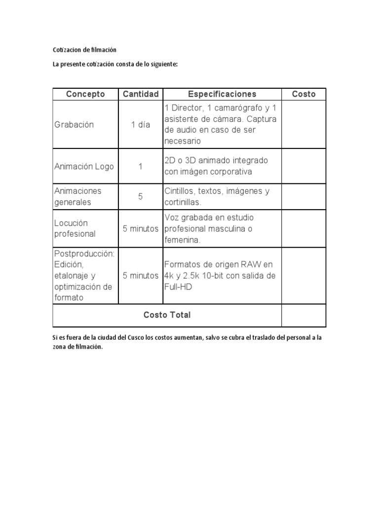 Cotizacion de Filmación | PDF | Informática