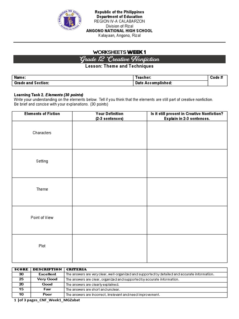 Worksheets Week1 Creative Nonfiction | PDF | Communication | Cognitive ...