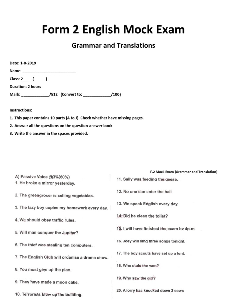 Form 2 English Mock Exam: Grammar and Translations | PDF | Test ...