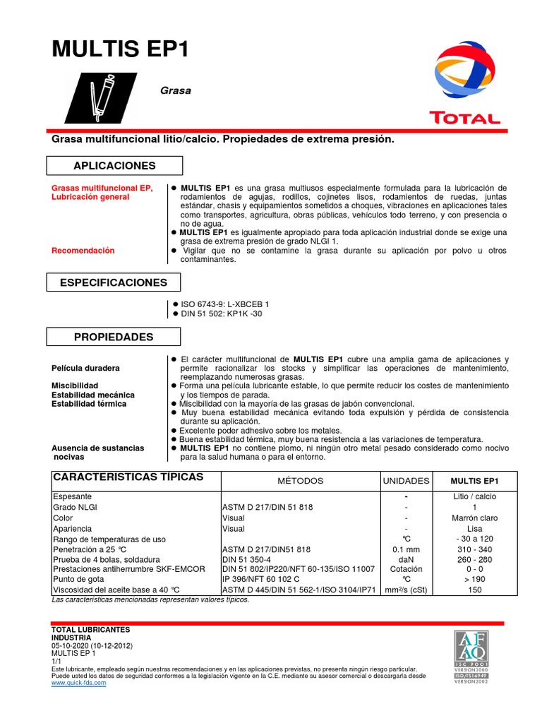 Tds Total Multis Ep 1 625 202010 Es Esp | PDF | Lubricante | Sustancias ...