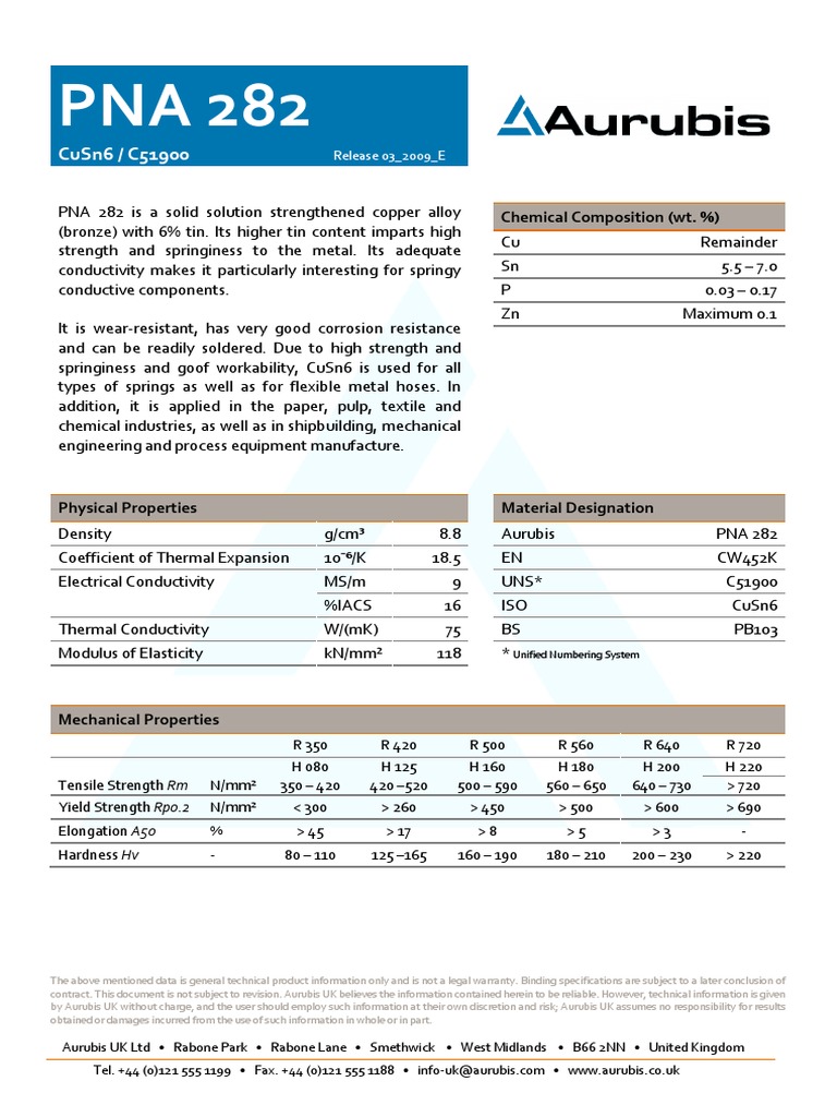 CuSn6 Alloy Technical Datasheet | PDF | Tin | Strength Of Materials