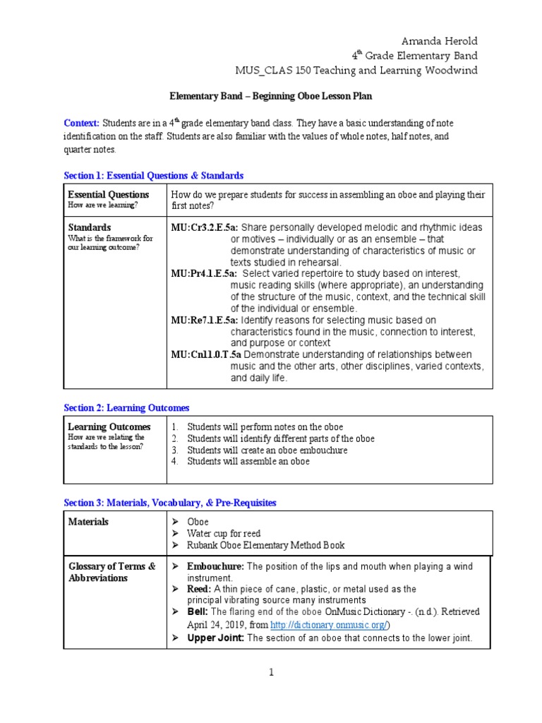 Oboe Parts for 4th Grade Band Lesson | PDF | Oboe | Entertainment (General)