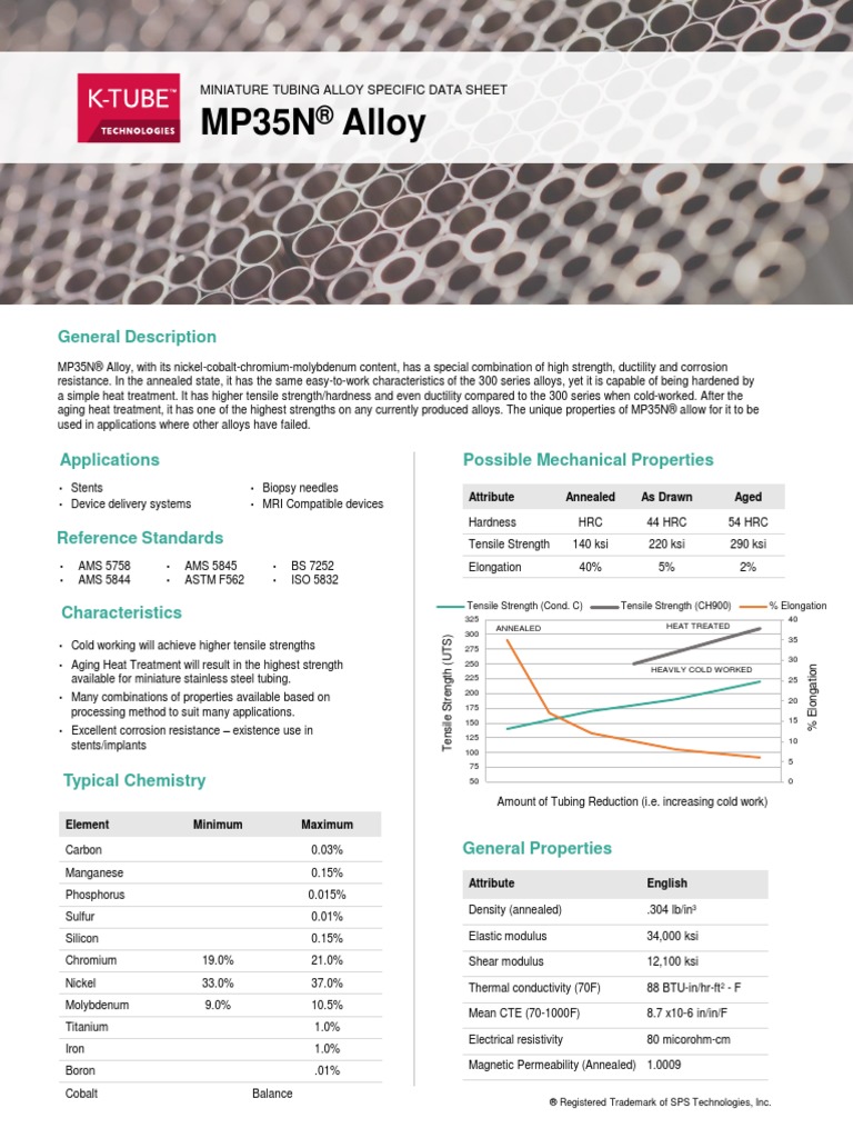 MP35N K Tube Technical Data Sheet | PDF | Heat Treating | Pipe (Fluid ...