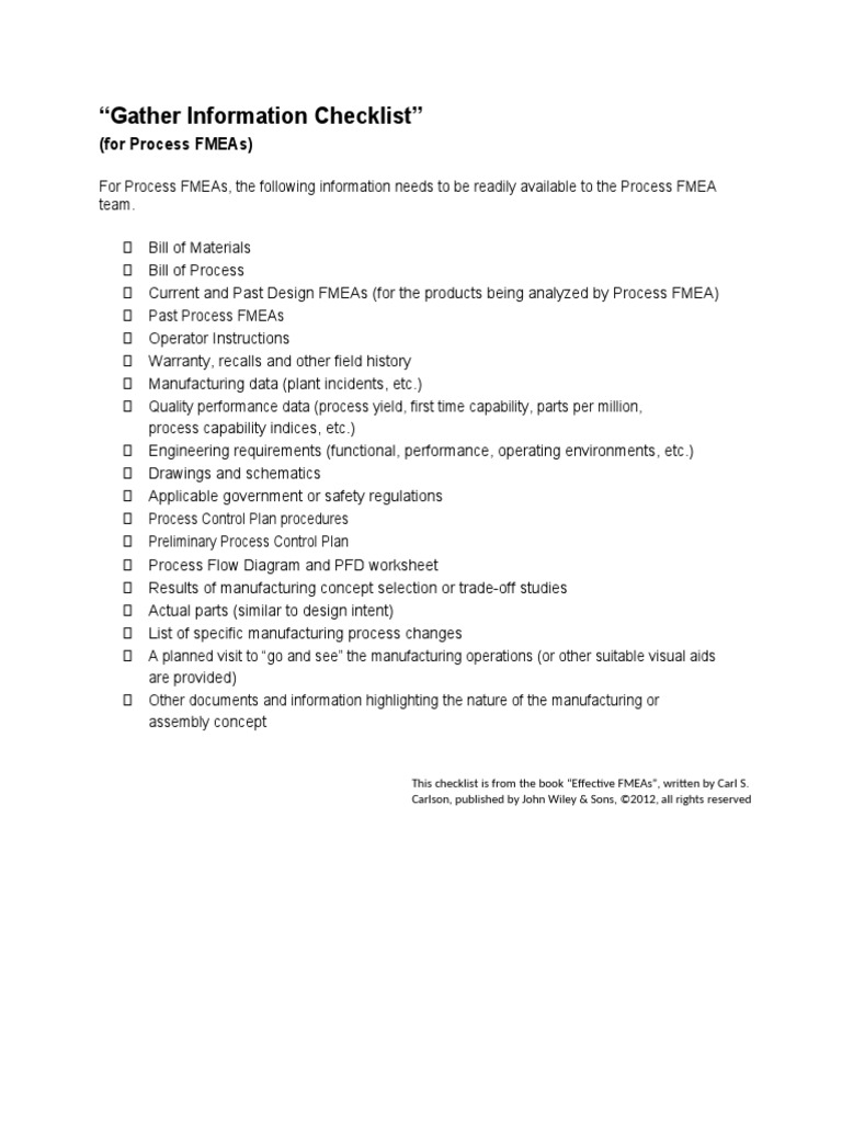 Gather Information Checklist - For Process FMEAs | PDF