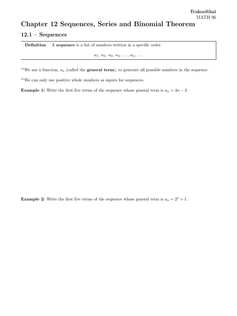 Chapter 12 Sequences, Series and Binomial Theorem | PDF | Summation ...