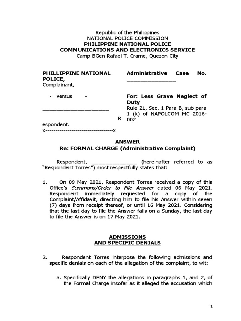 Answer in Administrative Case PNP | PDF | Complaint | Affidavit