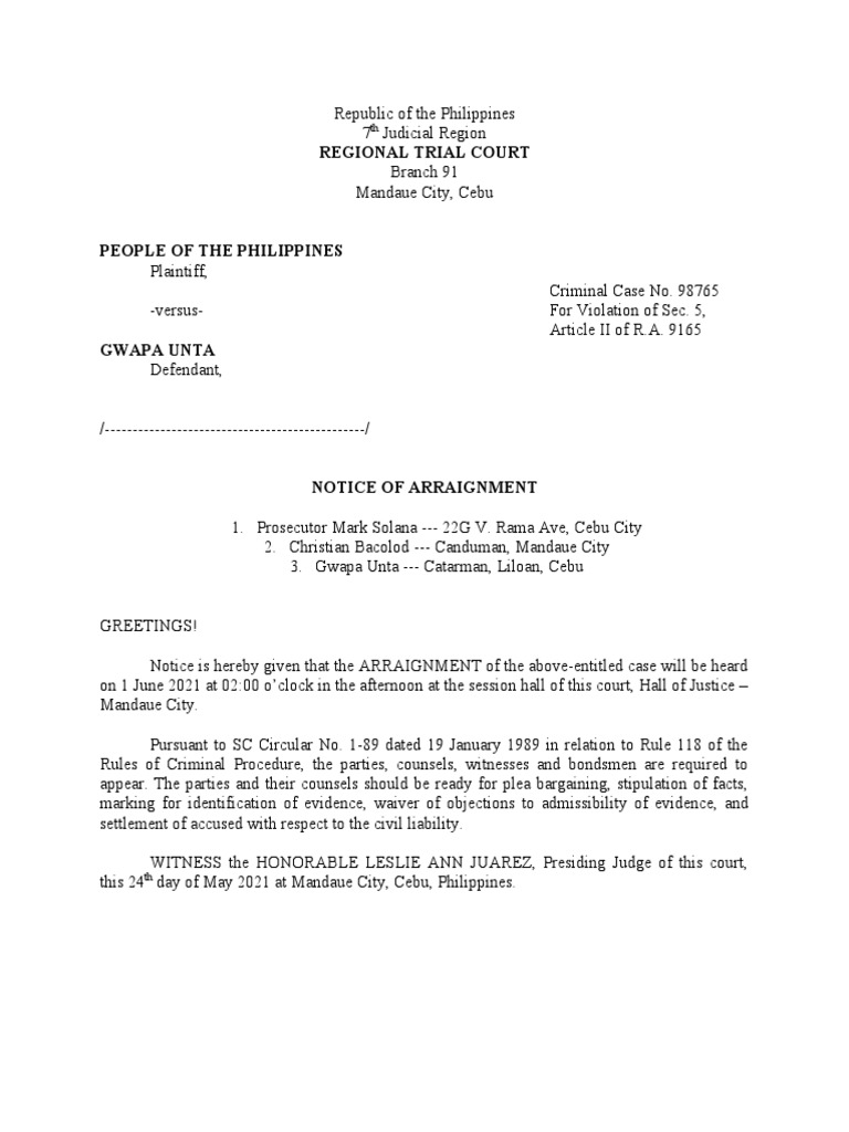 Notice of Arraignment for People of the Philippines v. Gwapa Unta for ...