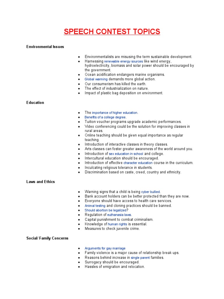 Speech Contest Topics1 | PDF | Adolescence | Violence