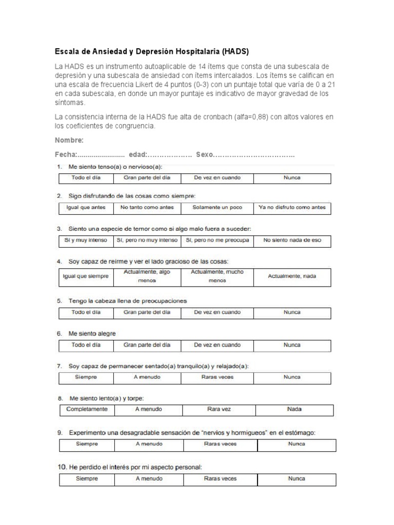 Escala de Depresión Hospitalaria (HADS) 14 | PDF