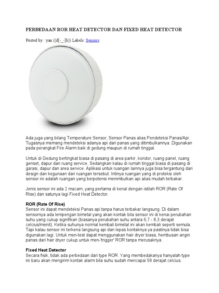Der - Perbedaan Ror Heat Detector Dan Fixed Heat Detector | PDF