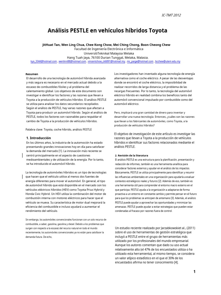 PESTLE Analysis On Toyota Hybrid Vehicle - En.es | PDF | Vehículo ...