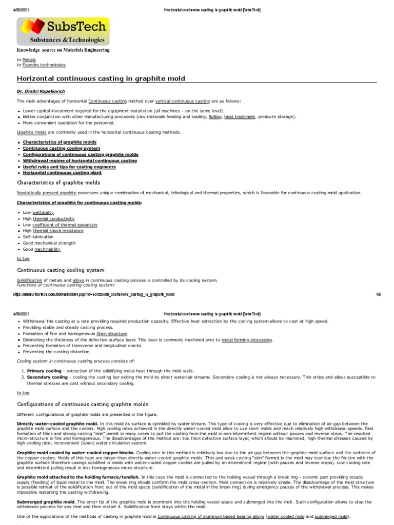 Horizontal Continuous Casting in Graphite Mold (SubsTech) | PDF | Casting (Metalworking ...