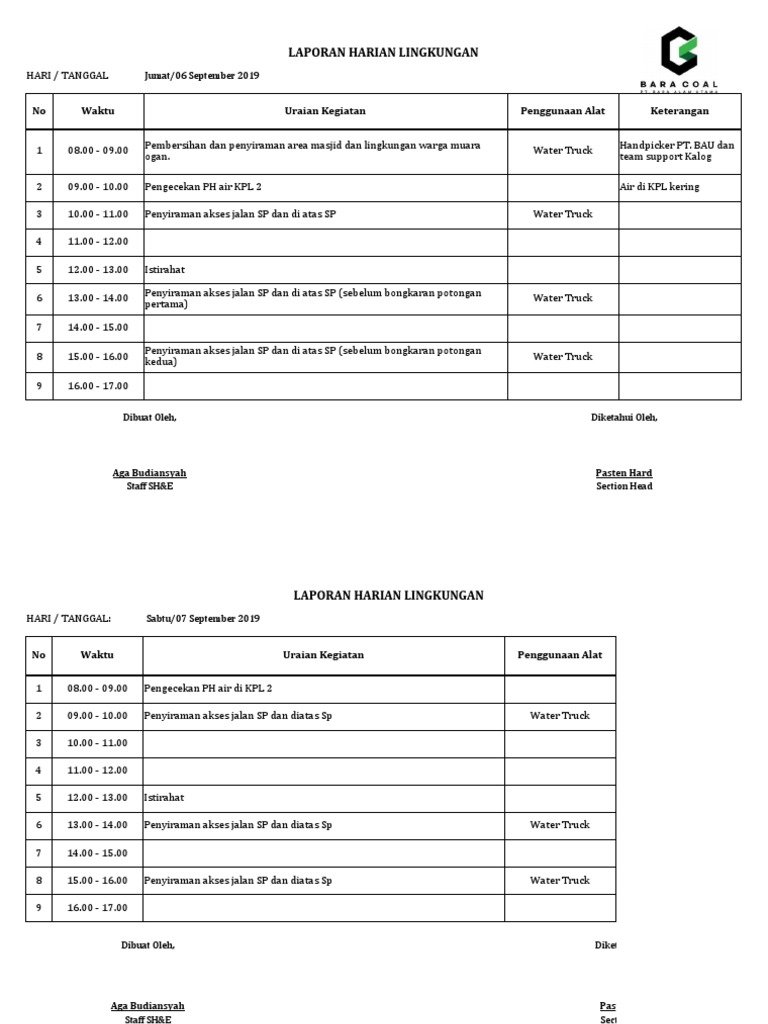 Form Laporan Harian Enviro | PDF