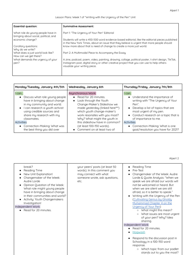 Ma Lesson Plans Week 1 Writing With The Urgency of The Pen | PDF ...