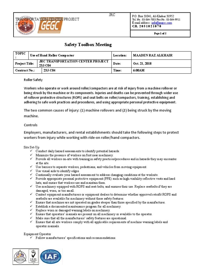 9 Use of Hand Roller Compactor Safety | PDF | Seat Belt | Personal ...