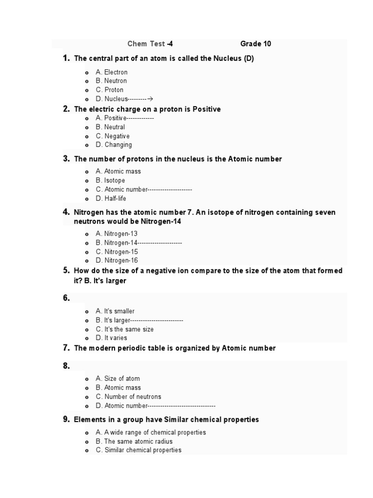 10 Class-4 Test | PDF | Atoms | Atomic Nucleus
