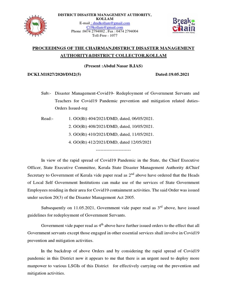 Kollam COVID-19 Staff Redeployment Order | PDF | Government