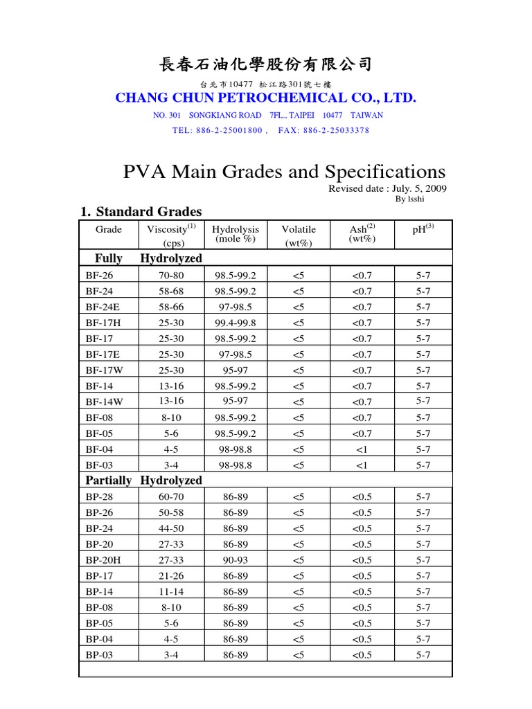PVA Main Grades and Specifications | PDF | Materials | Chemical Engineering