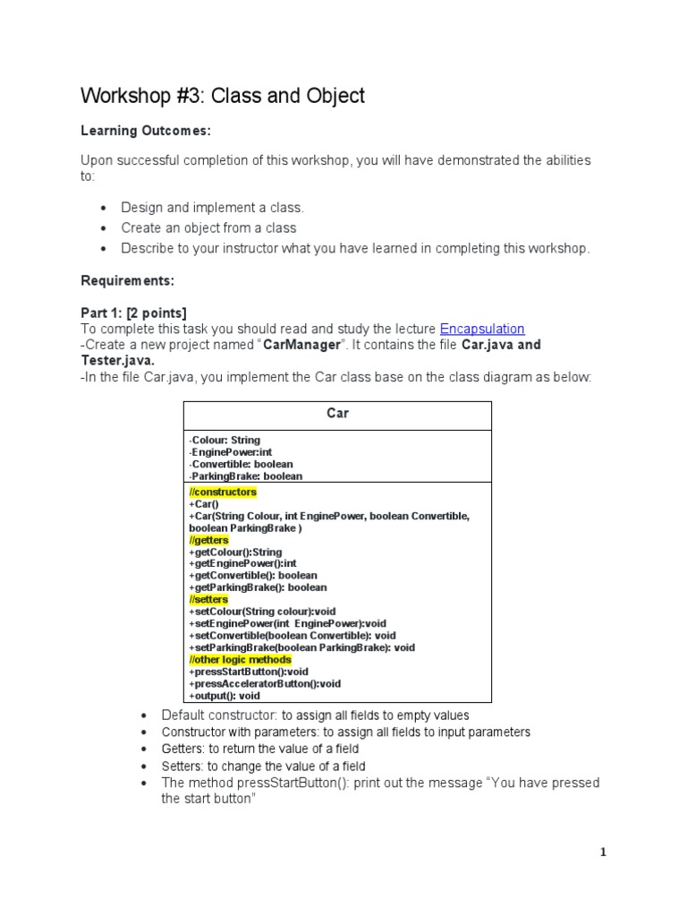 Workshop #3: Class and Object: Learning Outcomes | PDF | Constructor ...