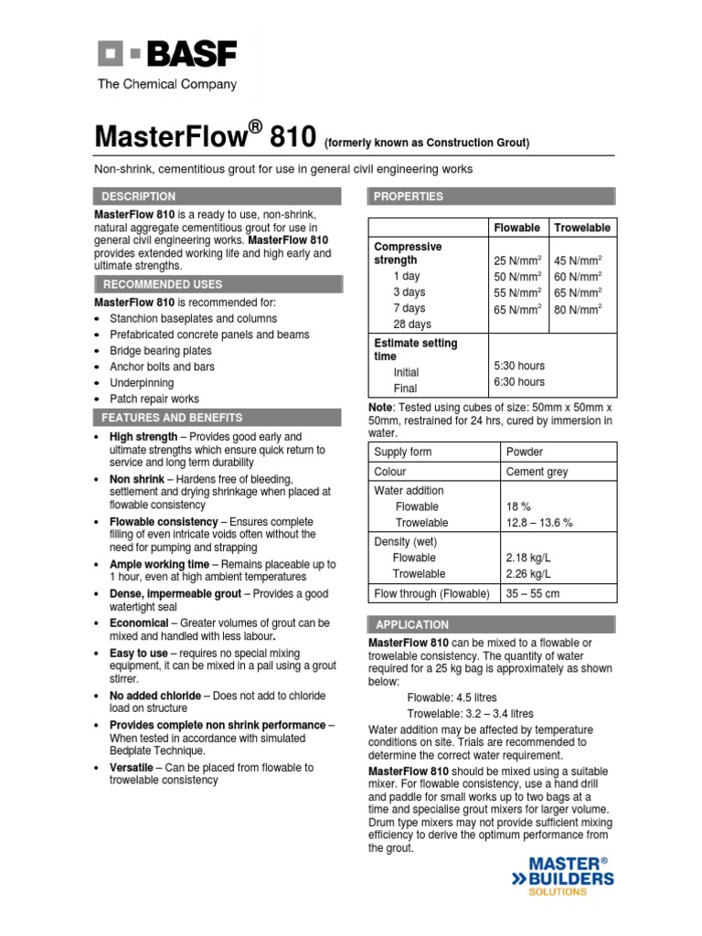 MasterFlow 810 (Construction Grout) | PDF | Concrete | Water