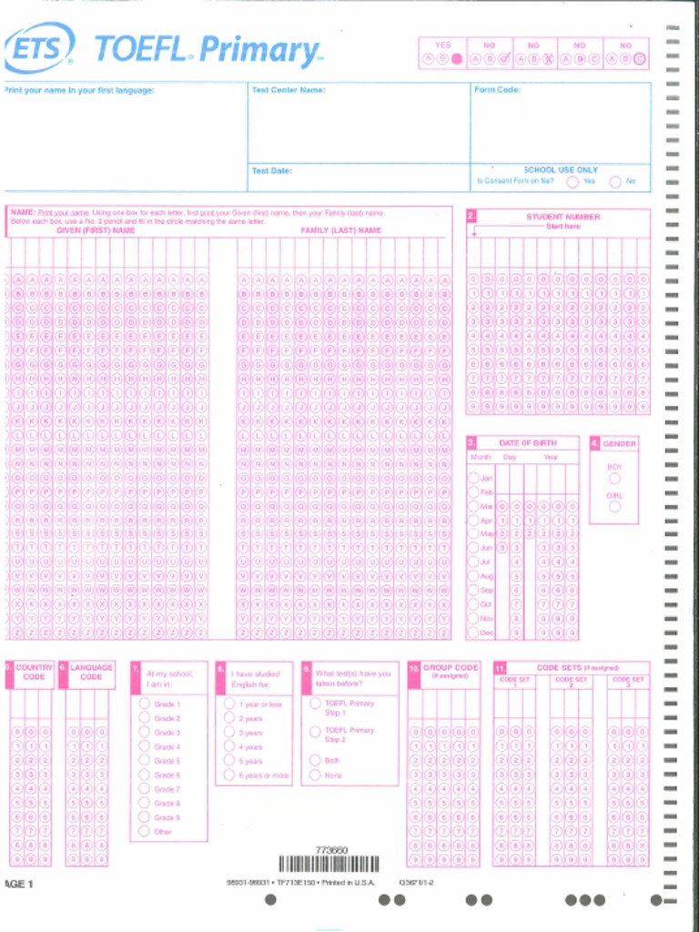 Answer Sheet - TOEFL Primary | PDF