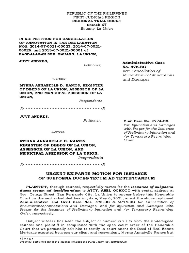 Exparte Motion For The Issuance of Subpoena Duces Tecum Ad ...