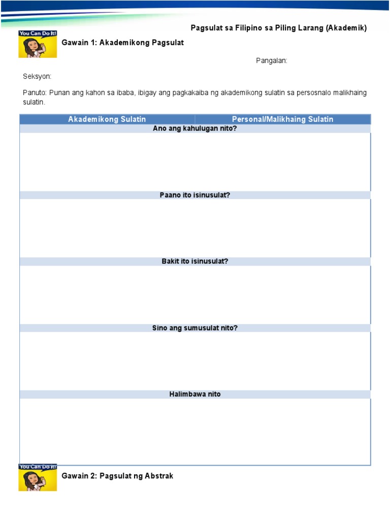 Worksheets-Pagsulat Sa Filipino-Akademik