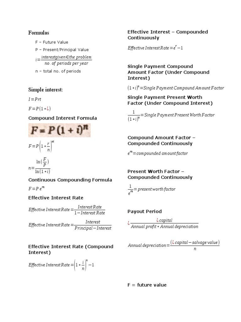 Formulas: F - Future Value P - Present/Principal Value | PDF | Interest ...
