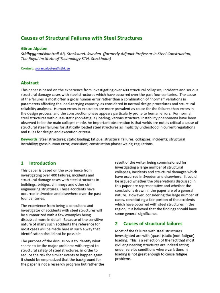 Causes of Structural Failures With Steel Structures: Göran Alpsten ...