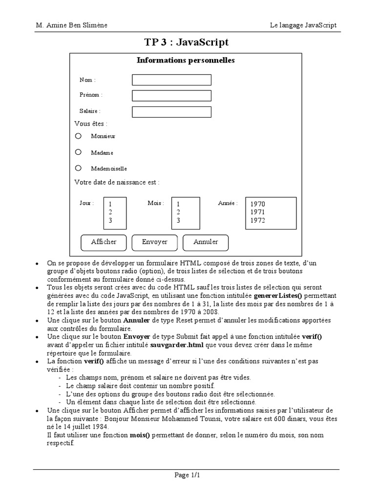 TP 3: Javascript: Informations Personnelles | PDF